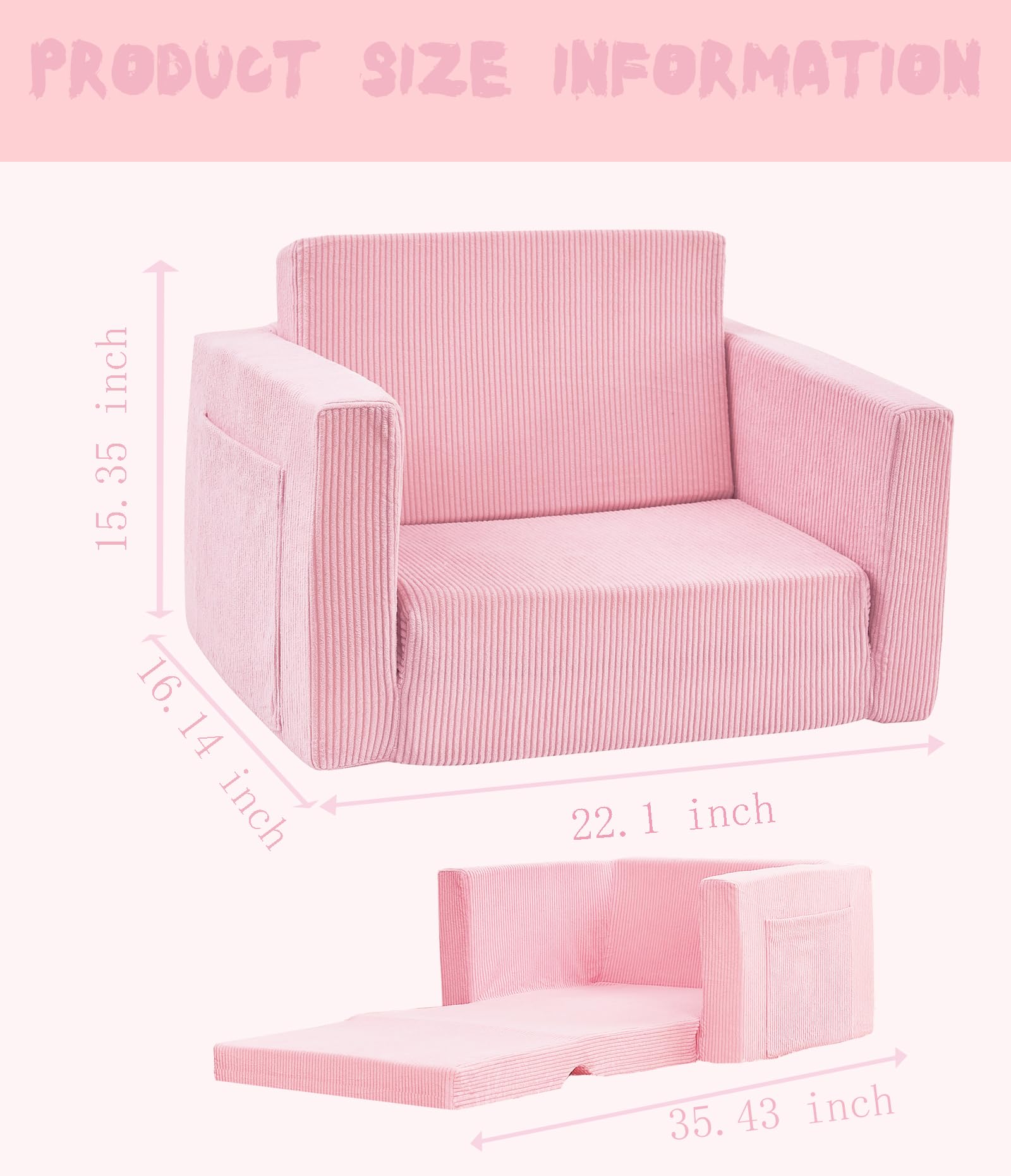 Kids Folding Sofa Chair Couch Foam Filled Lounge Toddler Chair Couch Cuddly Corduroy Comfy Bean Bag Chair Couch for Boys and Girls Pink 1-4T