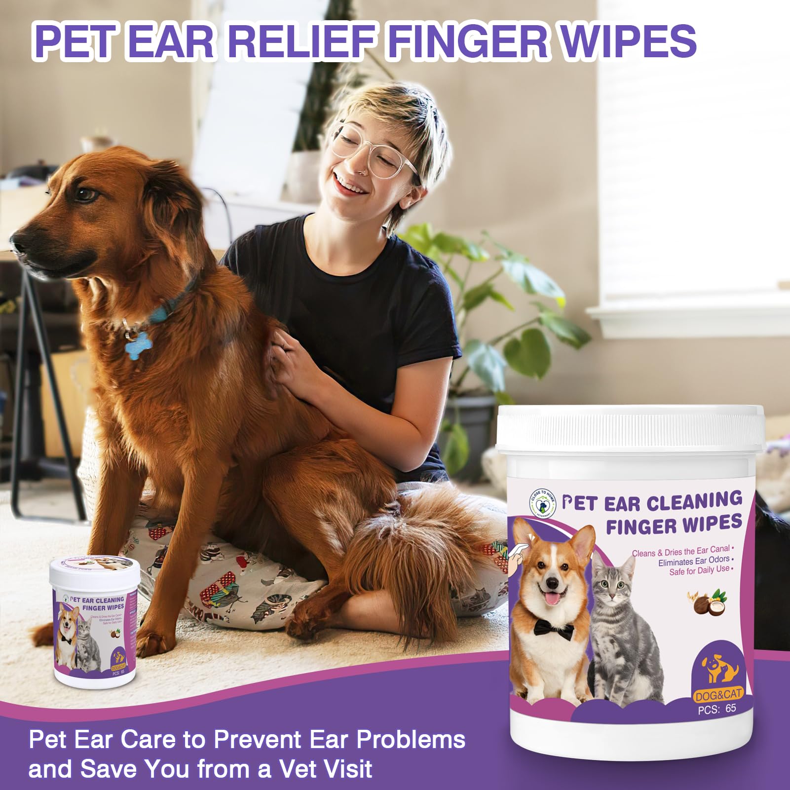 65pcs Pet Ear Cleaning Finger Wipes Cat Dog Ear Wipes Cleaner Cat and Dog Care Remove Earwax Debris Deodorize Relieve Ear Itching and Inflammation Non-Irritating Easy to Use Plant Fragrance