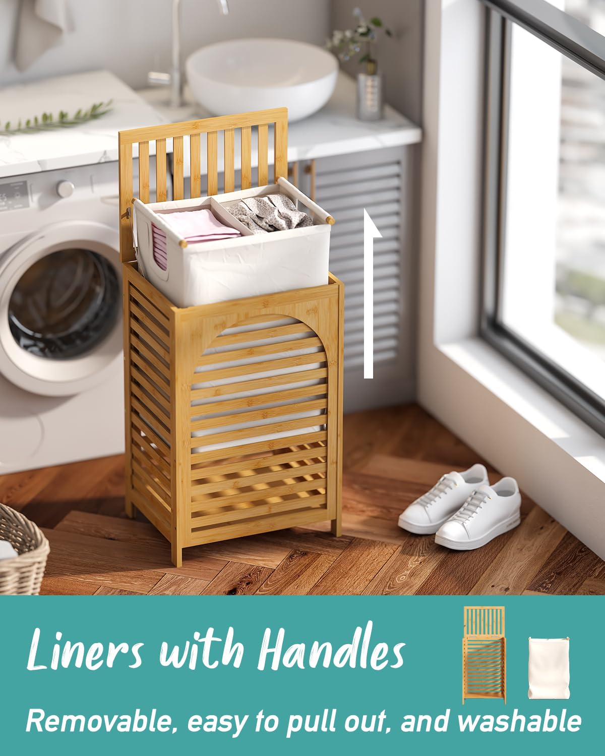 Laundry Hamper, 22.5 Gallon (85L) Bamboo Wood Clothes Laundry Basket with Lid and Handles, Removable Liner (Natural)