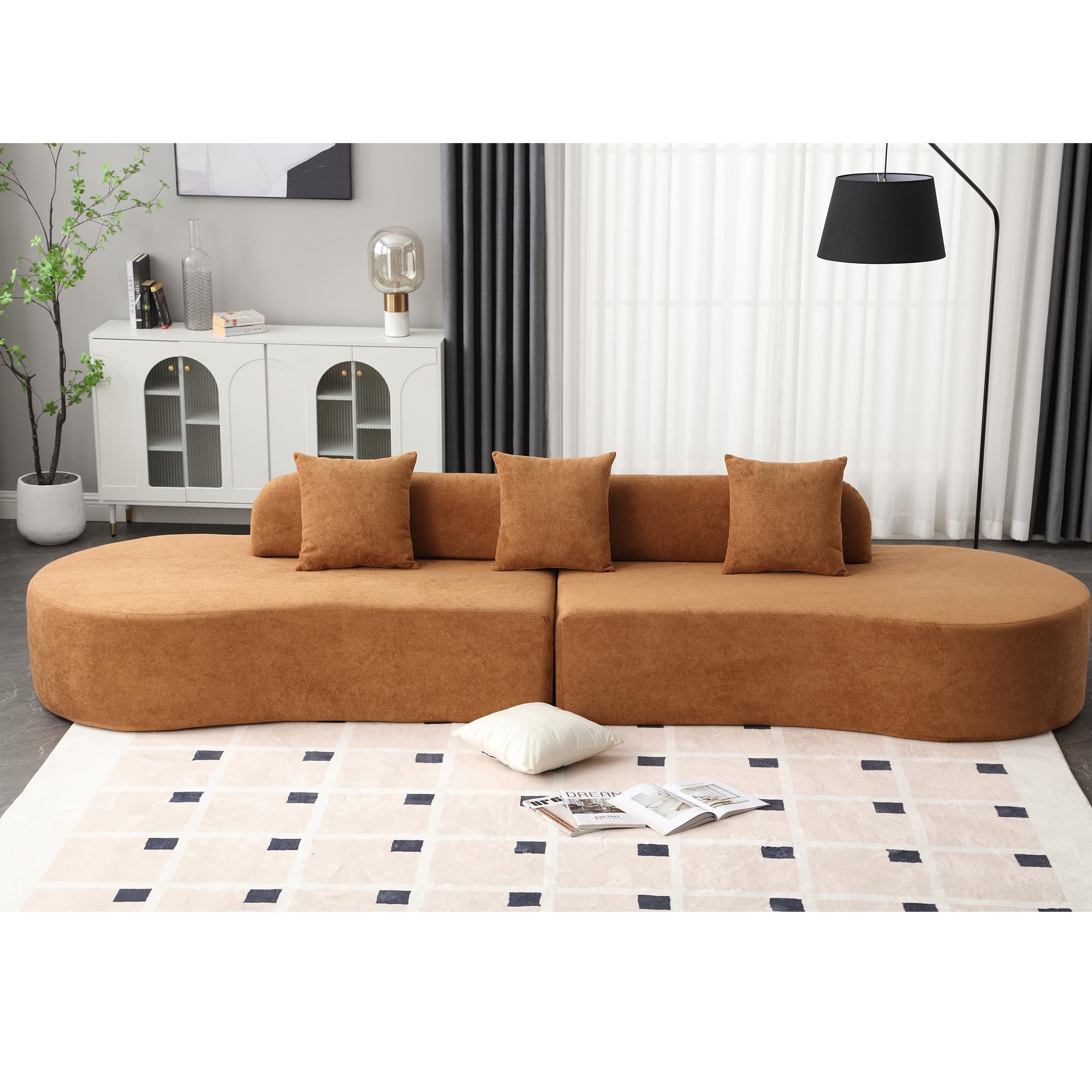 GNIXUU 130.5" Oversized Curved Sofa for Living Room, Modern Minimalist Sectional Sofa Comfy Cloud Couch with 3 Pillows, Terrycloth Fabric Large 4-Seater Sofa, No Assembly, Orange