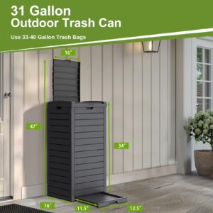 PatioZen 31 Gallon Outdoor Trash Can, Waterproof Trash Can Cabinet for Outside, Resin Garbage Bin with Lid and Drip Tray for Easy Cleaning for Patios, Kitchens, and Outdoor Entertaining（Black）