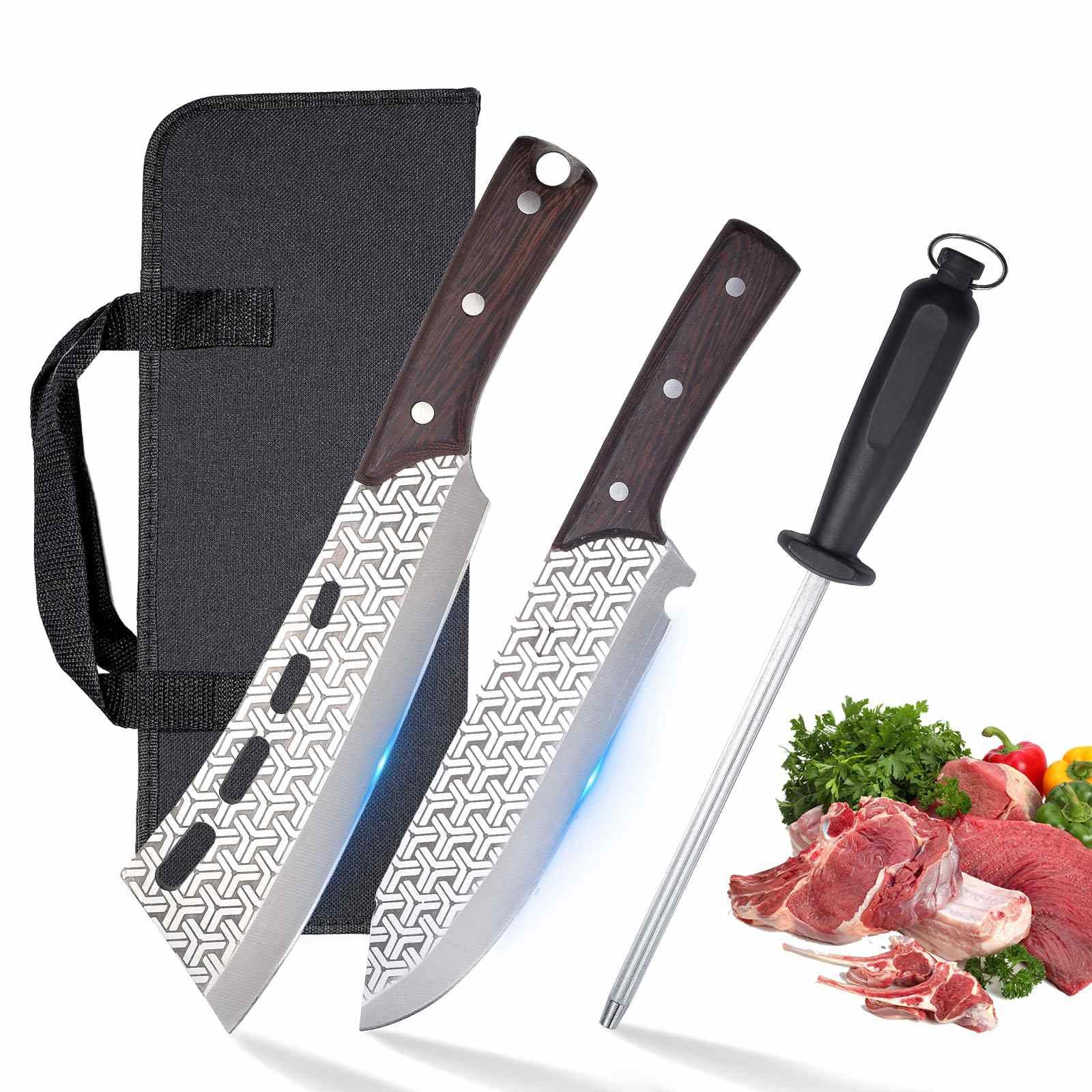 Xnarlath Butcher Chef Knife Set,Outdoor BBQ Camping Knife with Bag,Hand Forged Heavy Duty Bone Chopper,High Carbon Steel Meat Cleaver for Meat Cutting Processing (2 Cutting knife)