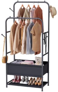 furologee double rods clothing garment rack with storage box,clothing rack for hanging clothes with 4 side hooks,metal frame wardrobe clothes organizer for bedroom,living room,black