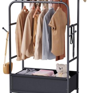 Furologee Double Rods Clothing Garment Rack with Storage Box,Clothing Rack for Hanging Clothes with 4 Side Hooks,Metal Frame Wardrobe Clothes Organizer for Bedroom,Living Room,Black