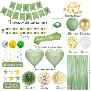 Torerun Upgraded Sage Green Birthday Party Decorations Olive Green and Gold Balloons with Happy Birthday Banner Sash,Cake Topper,Fringe Curtain,Star Hanging Swirls for Women or Girls