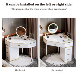 Makeup Vanity Desk with Mirror and Lights, Modern White Corner Vanity Desk, Large Size Corner Vanity Desk, Vanity Table with 4 Drawers, With Power Strip and Nightstand,Writing Desk, White Vanity