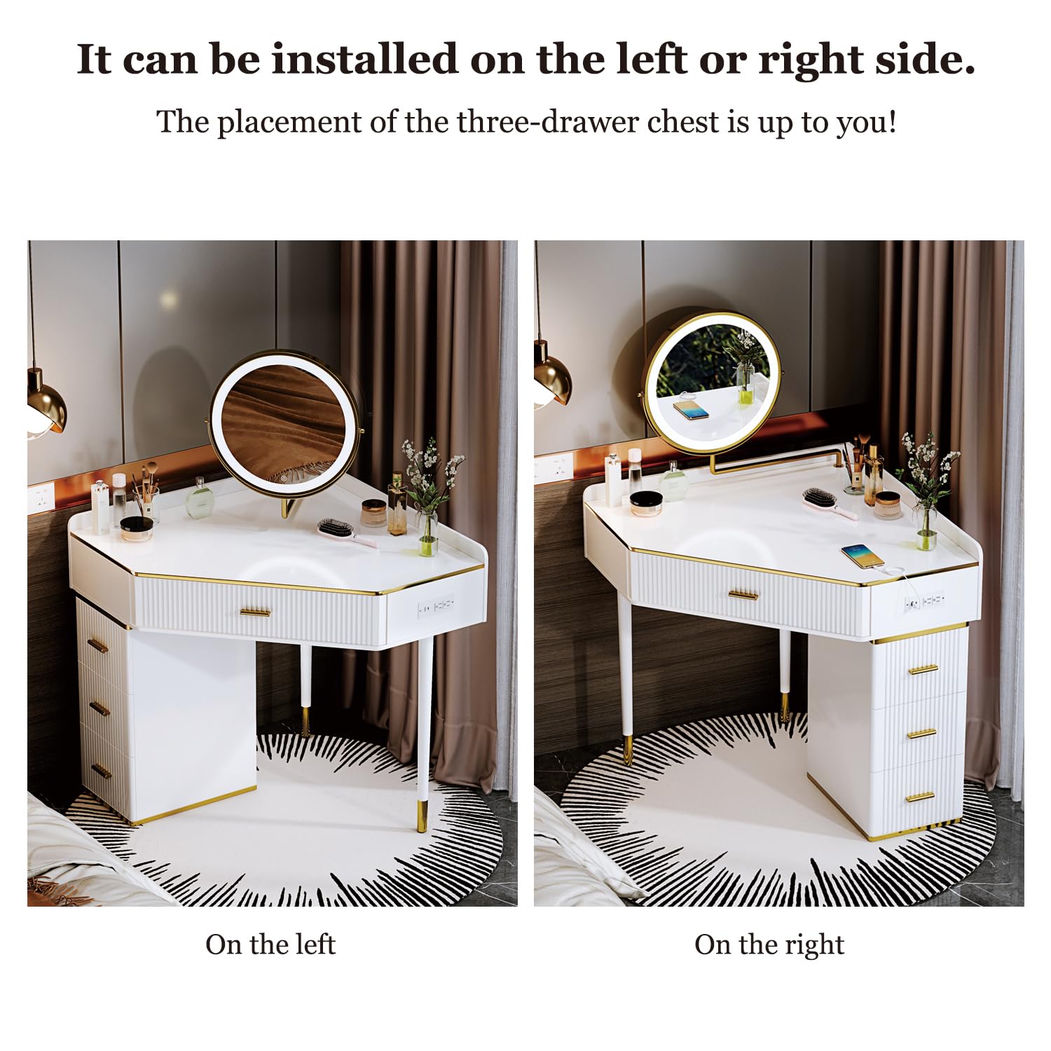 Makeup Vanity Desk with Mirror and Lights, Modern White Corner Vanity Desk, Large Size Corner Vanity Desk, Vanity Table with 4 Drawers, With Power Strip and Nightstand,Writing Desk, White Vanity