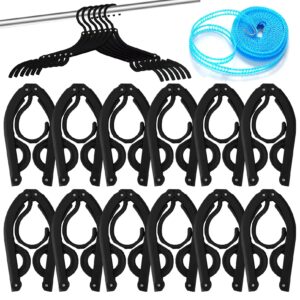 exinddea 12 pcs travel hangers,portable folding clothes hangers travel accessories,foldable clothes drying rack for travel,travel clothes hangers with clotheslines,black non slip clothing hangers