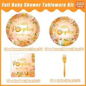 Kepeel 200Pcs Fall Little Pumpkin Baby Shower Plates and Napkins Set, Autumn A Little Pumpkin is on The Way Party Supplies Decorations Thanksgiving Baby Shower Birthday Party Tableware Kit, Serves 50