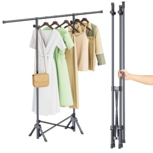 runsand no installation clothes rack,portable folding carbon steel garment rack - versatile heavy duty coat rack with 4 hooks for indoor and outdoor use - great for home, camping,travel (dark grey)