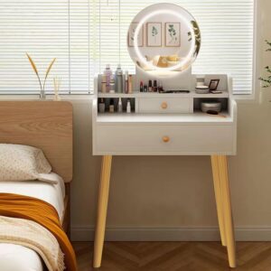 mongmon vanity desk with lights with mirror and lights, 3 lighting modes, dressing table with drawers, multifunctional makeup vanity table for women girls bedroom small space (60cm)