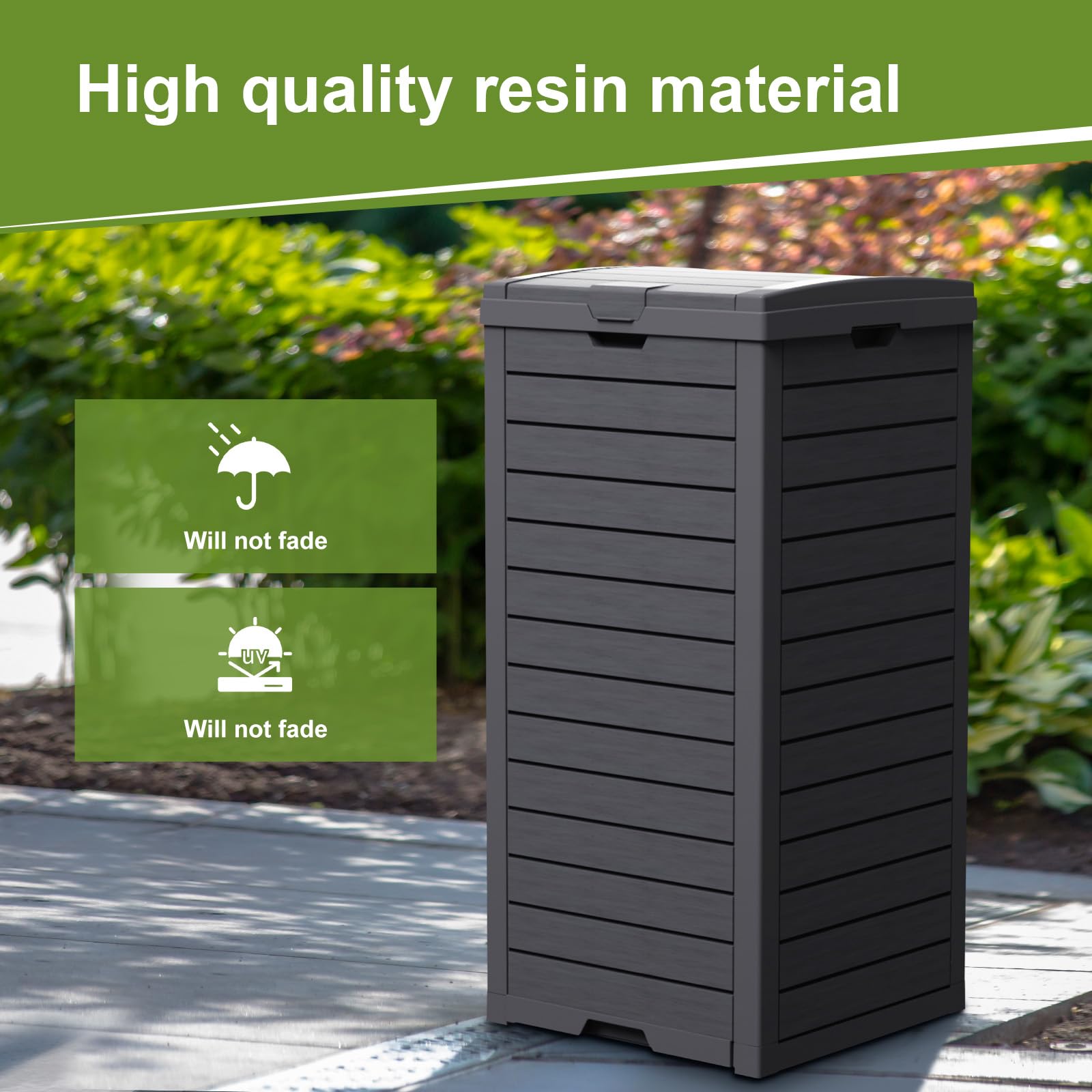 PatioZen 31 Gallon Outdoor Trash Can, Waterproof Trash Can Cabinet for Outside, Resin Garbage Bin with Lid and Drip Tray for Easy Cleaning for Patios, Kitchens, and Outdoor Entertaining（Black）