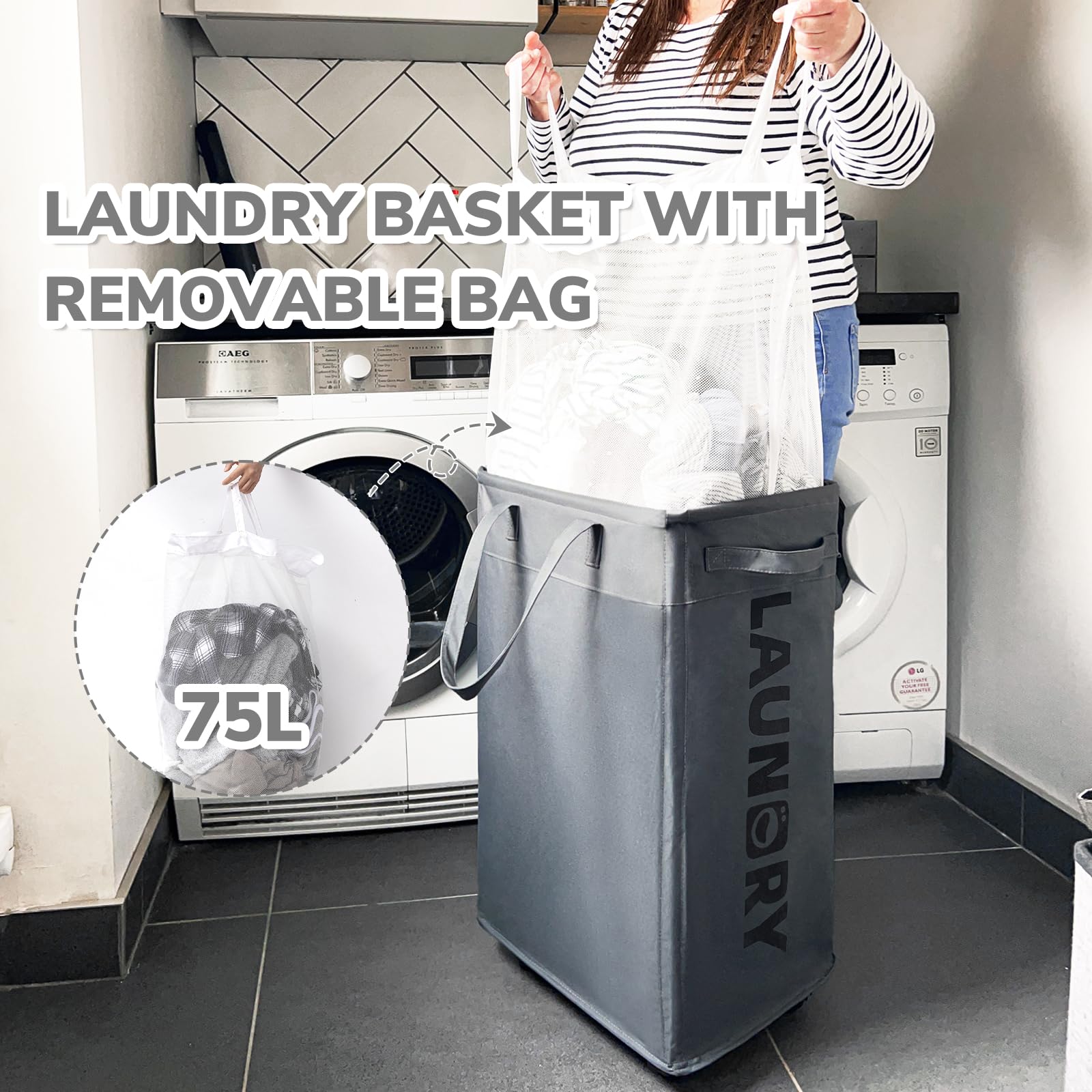 CHICVITA Rolling Laundry Basket with Wheels,75L Large Collapsible Laundry Hamper with Removable Wash Bag Space for Corner Dorms, Grey