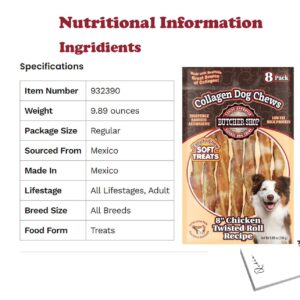 Butcher Shop Dot Treats Variety Pack of - Butcher Shop Collagen 8-in Chicken Twisted Roll Recipe Dog Jerky Treat, 9.88-oz Bag and Butcher Shop 8-in Chicken & Rawhide Rolls Recipe Dog Treat, 10-oz Bag