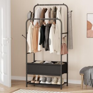 Furologee Double Rods Clothing Garment Rack with Storage Box,Clothing Rack for Hanging Clothes with 4 Side Hooks,Metal Frame Wardrobe Clothes Organizer for Bedroom,Living Room,Black