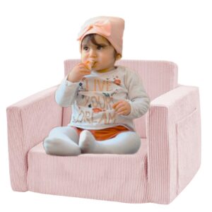 Kids Folding Sofa Chair Couch Foam Filled Lounge Toddler Chair Couch Cuddly Corduroy Comfy Bean Bag Chair Couch for Boys and Girls Light Pink 1-4T