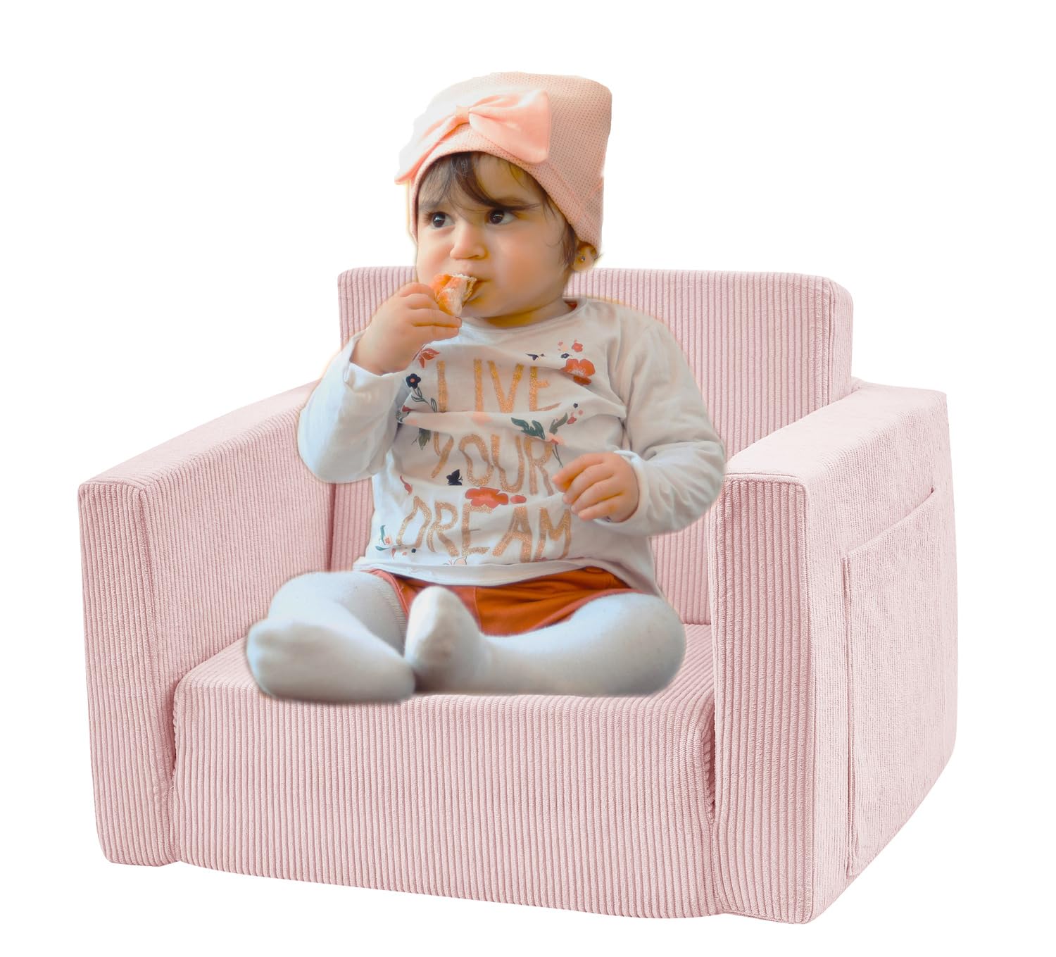 Kids Folding Sofa Chair Couch Foam Filled Lounge Toddler Chair Couch Cuddly Corduroy Comfy Bean Bag Chair Couch for Boys and Girls Light Pink 1-4T