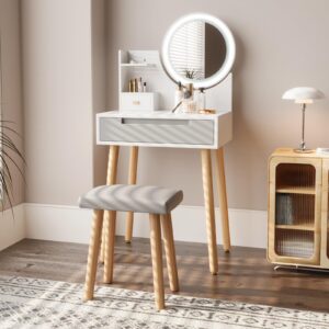 artethys small vanity desk set with 3 adjustable lighted mirror and storage shelf white and grey tiny vanity table with drawer for bedroom 24 inch makeup vanity compact dressing table for small space