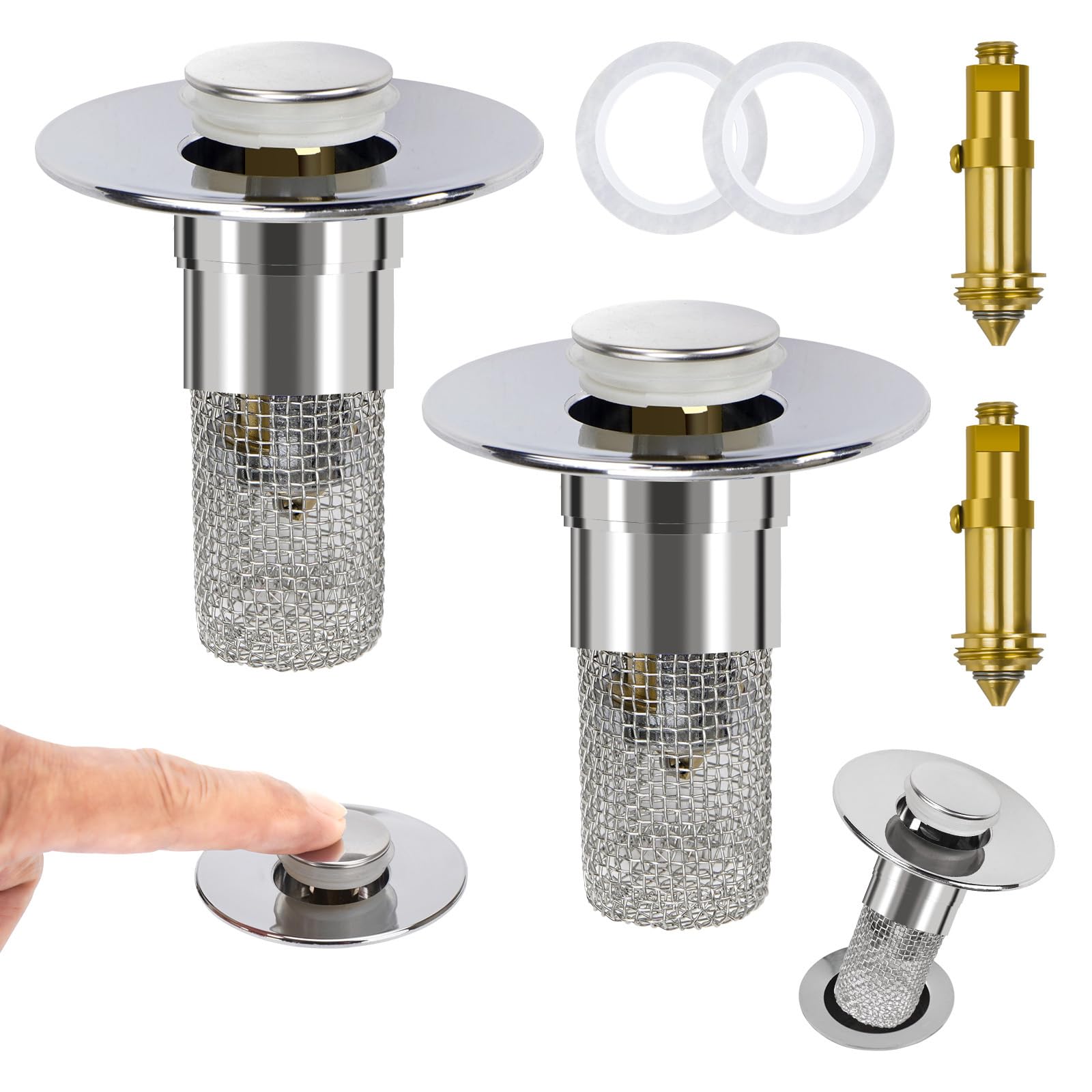 2Pcs Bathroom Sink Drain Strainer Hair Catcher, Pop Up Sink Drain Stopper with Removable Stainless Steel Filter Basket, for US Universal Bathroom Kitchen Basin Sink Stopper Replacement