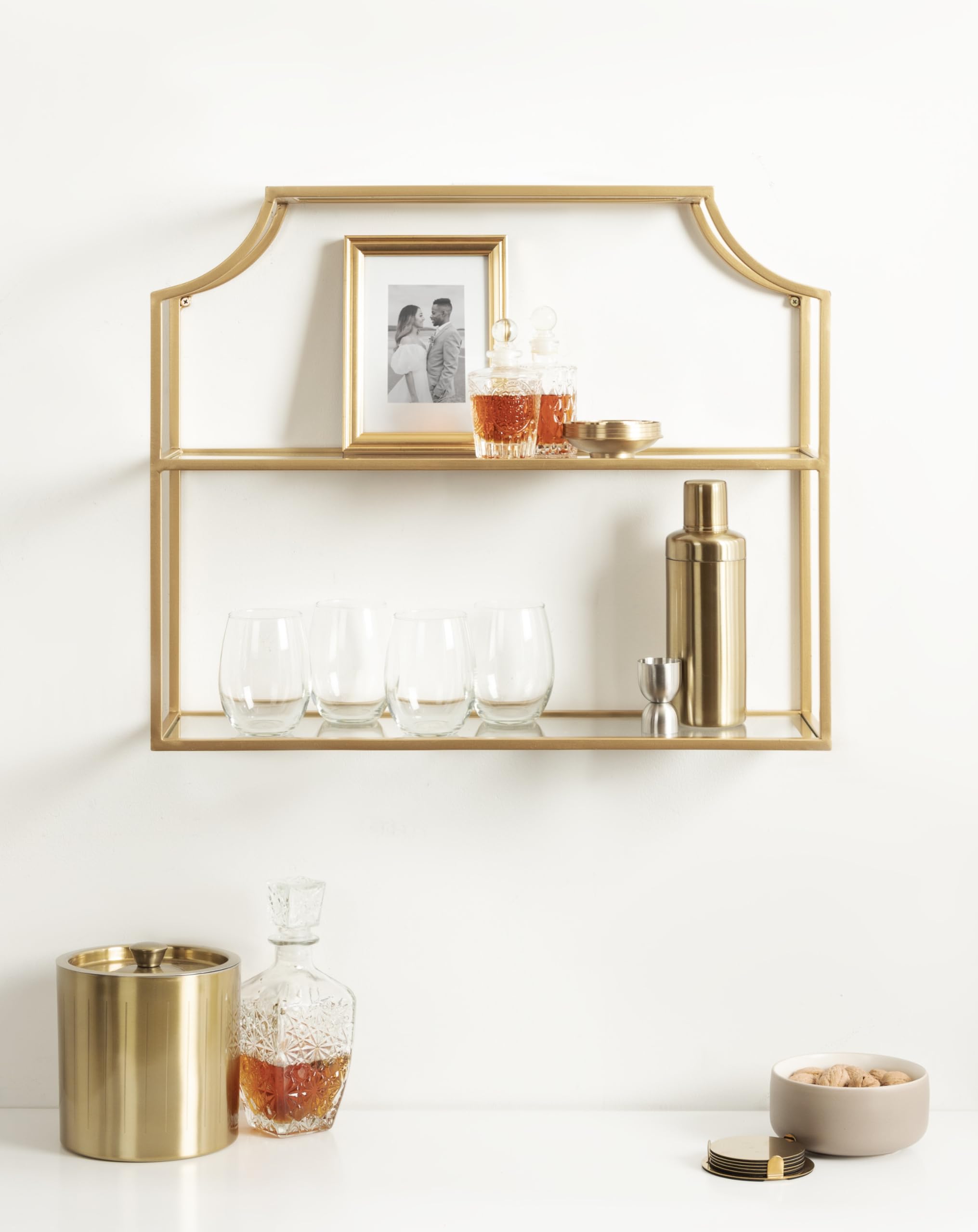 Kate and Laurel Ciel Modern Glam Wide Two-Tier Wall Shelf, 24 x 20, Gold, Tiered Bathroom Shelves for Over The Toilet Storage or Bedroom Makeup Organizer