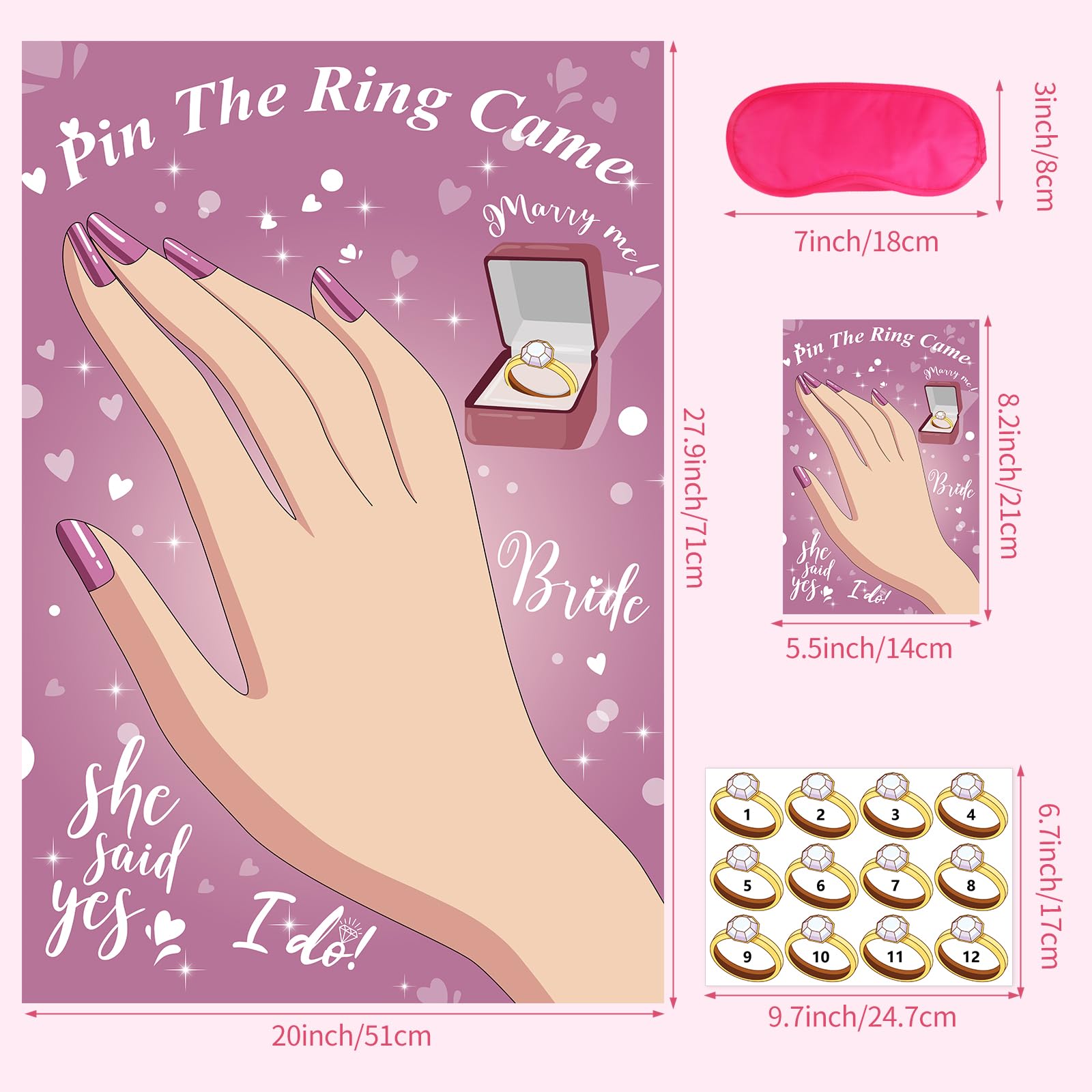 Hxezoc Pin The Ring On The Bride Game with 48 Pcs Rings, Large Bridal Party Games Poster for Bachelorette Party, Bridal Shower, Wedding Party, Birthday Party, Carnival Party Supplies