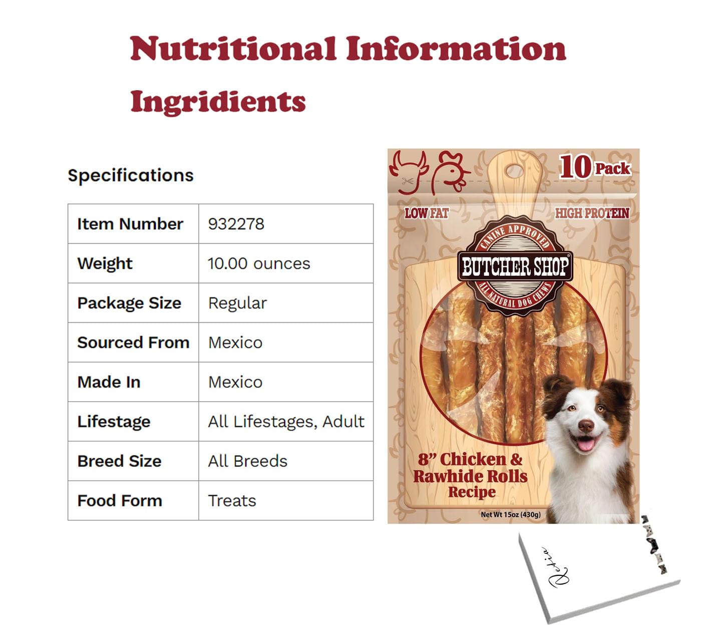 Butcher Shop Dot Treats Variety Pack of - Butcher Shop Collagen 8-in Chicken Twisted Roll Recipe Dog Jerky Treat, 9.88-oz Bag and Butcher Shop 8-in Chicken & Rawhide Rolls Recipe Dog Treat, 10-oz Bag