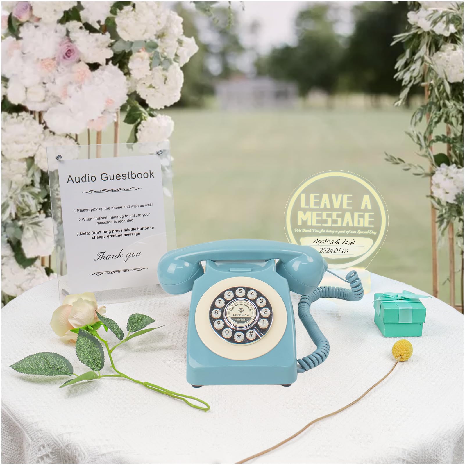 Audio Guest Book Wedding Phone, Wedding Guest Book Alternative with RGB LED Sign and Frame, Record Audio Message Guest Book for Wedding Bridal Shower Baby Shower Anniversary Birthday Party (Blue)