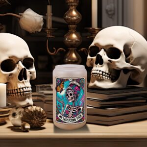 LEADO Tarot Card Funny Skull Cup, Halloween Cup Coffee Tumbler, 16 oz Cute Frosted Glass Cups with Lids Straws - Witchy Gifts for Women, Halloween Gifts, Christmas Gifts for Friend Mom Sister