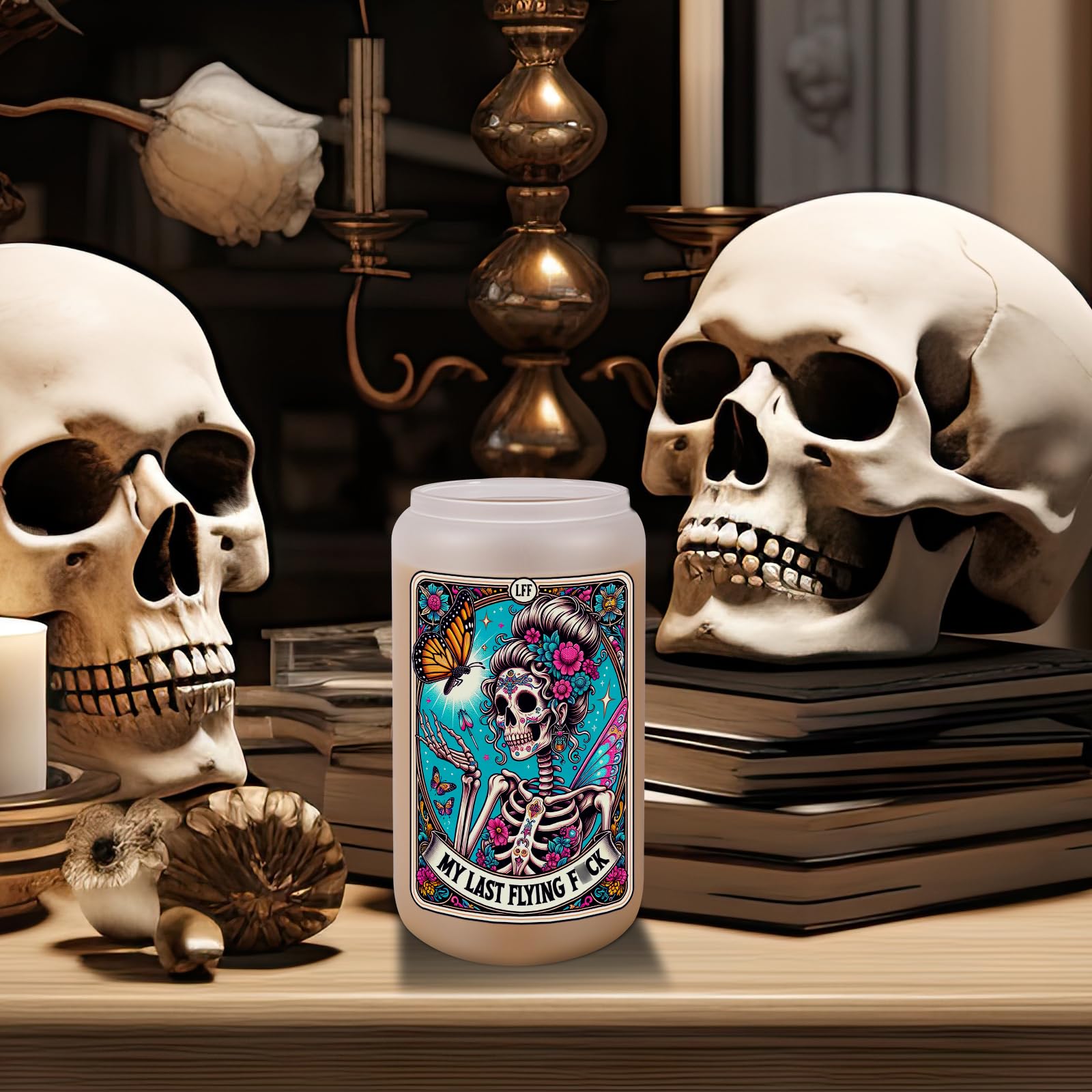 LEADO Tarot Card Funny Skull Cup, Halloween Cup Coffee Tumbler, 16 oz Cute Frosted Glass Cups with Lids Straws - Witchy Gifts for Women, Halloween Gifts, Christmas Gifts for Friend Mom Sister