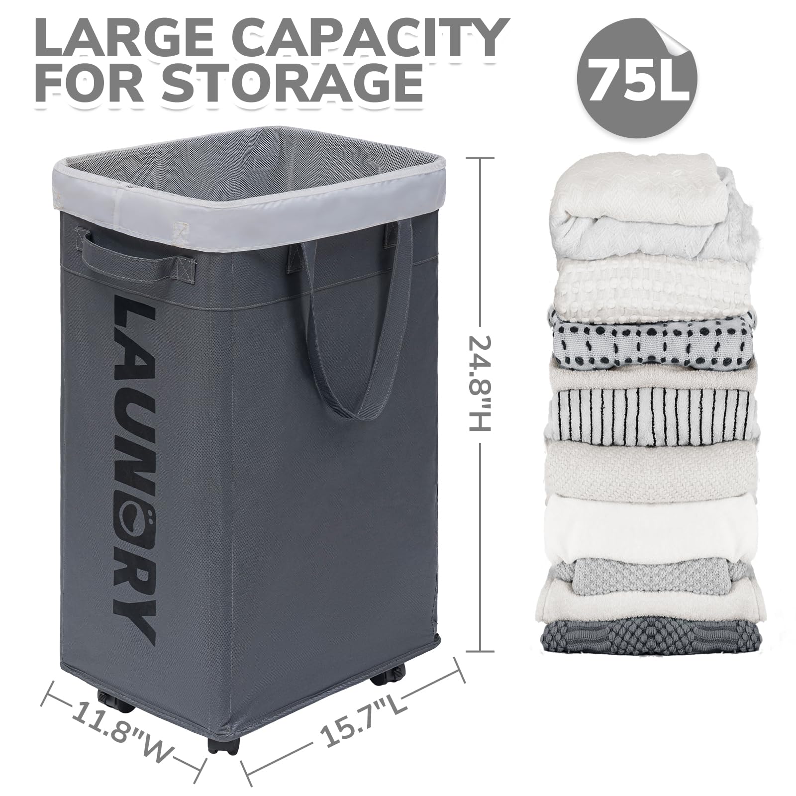 CHICVITA Rolling Laundry Basket with Wheels,75L Large Collapsible Laundry Hamper with Removable Wash Bag Space for Corner Dorms, Grey