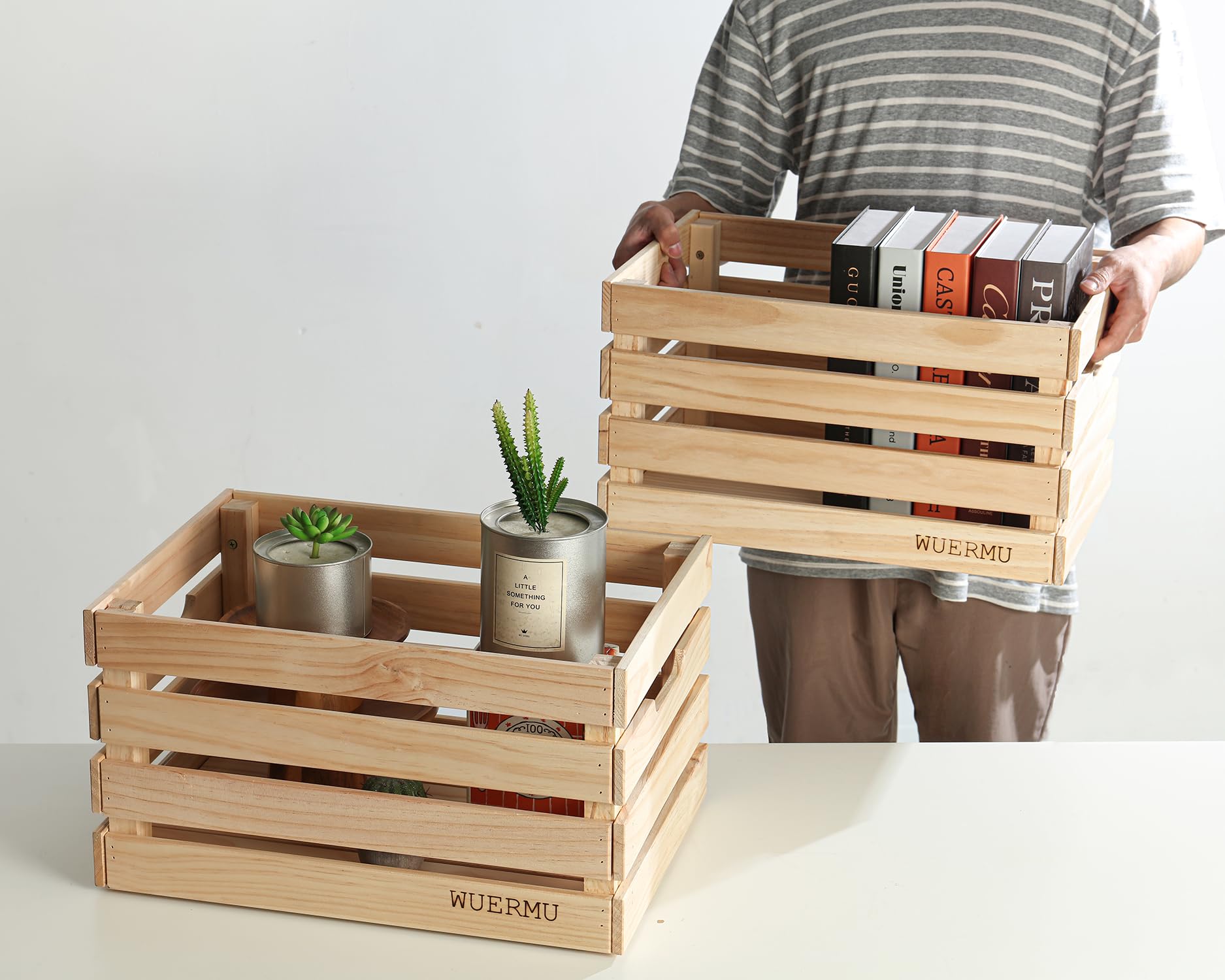 WUERMU Wooden Crates are Suitable for Storage, Milk Crates, Wine Crates, toy Crates, Display and Decoration, Camping, and Other Purposes. They are Sturdy and Durable, set of 2 Length of 17.7 inches.