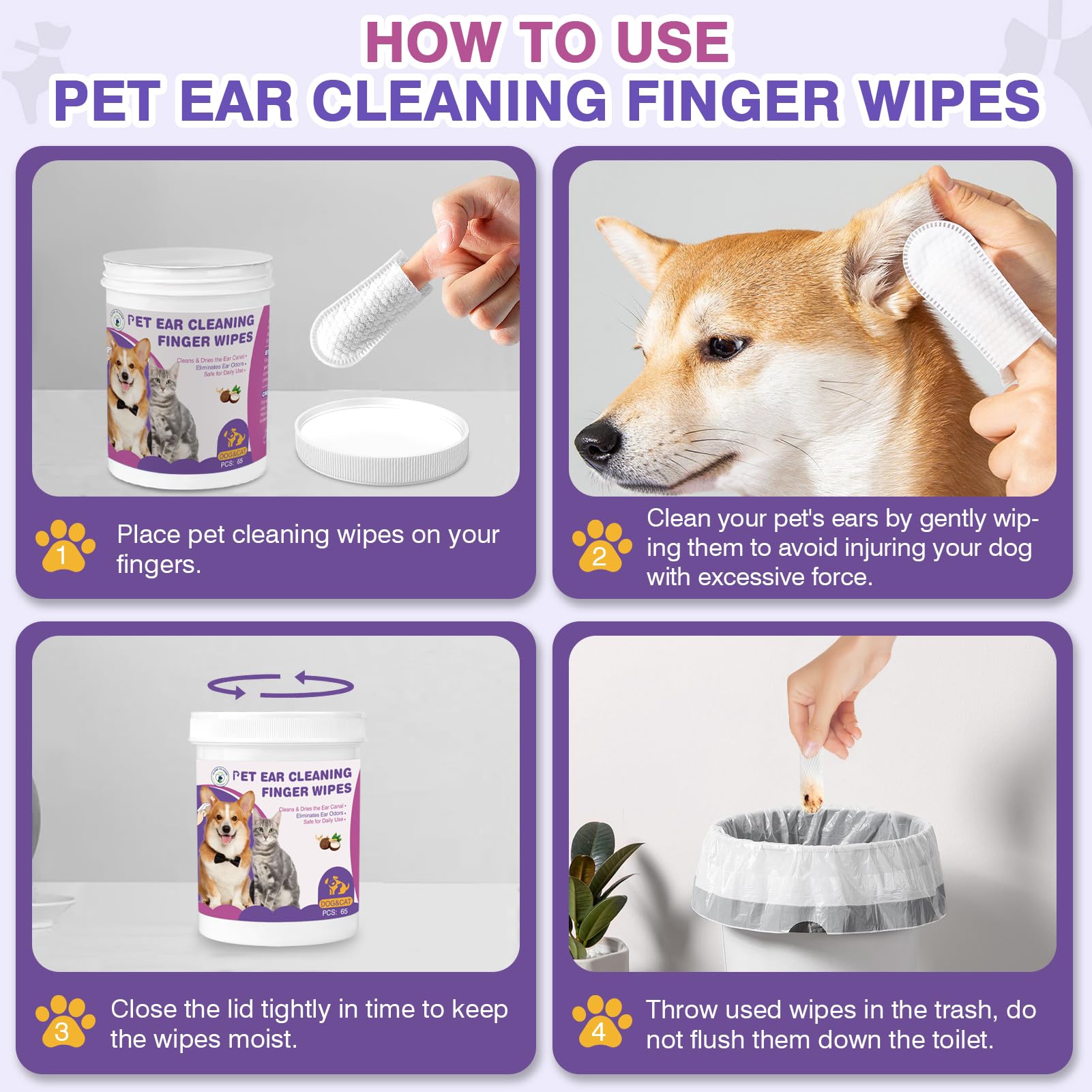 65pcs Pet Ear Cleaning Finger Wipes Cat Dog Ear Wipes Cleaner Cat and Dog Care Remove Earwax Debris Deodorize Relieve Ear Itching and Inflammation Non-Irritating Easy to Use Plant Fragrance