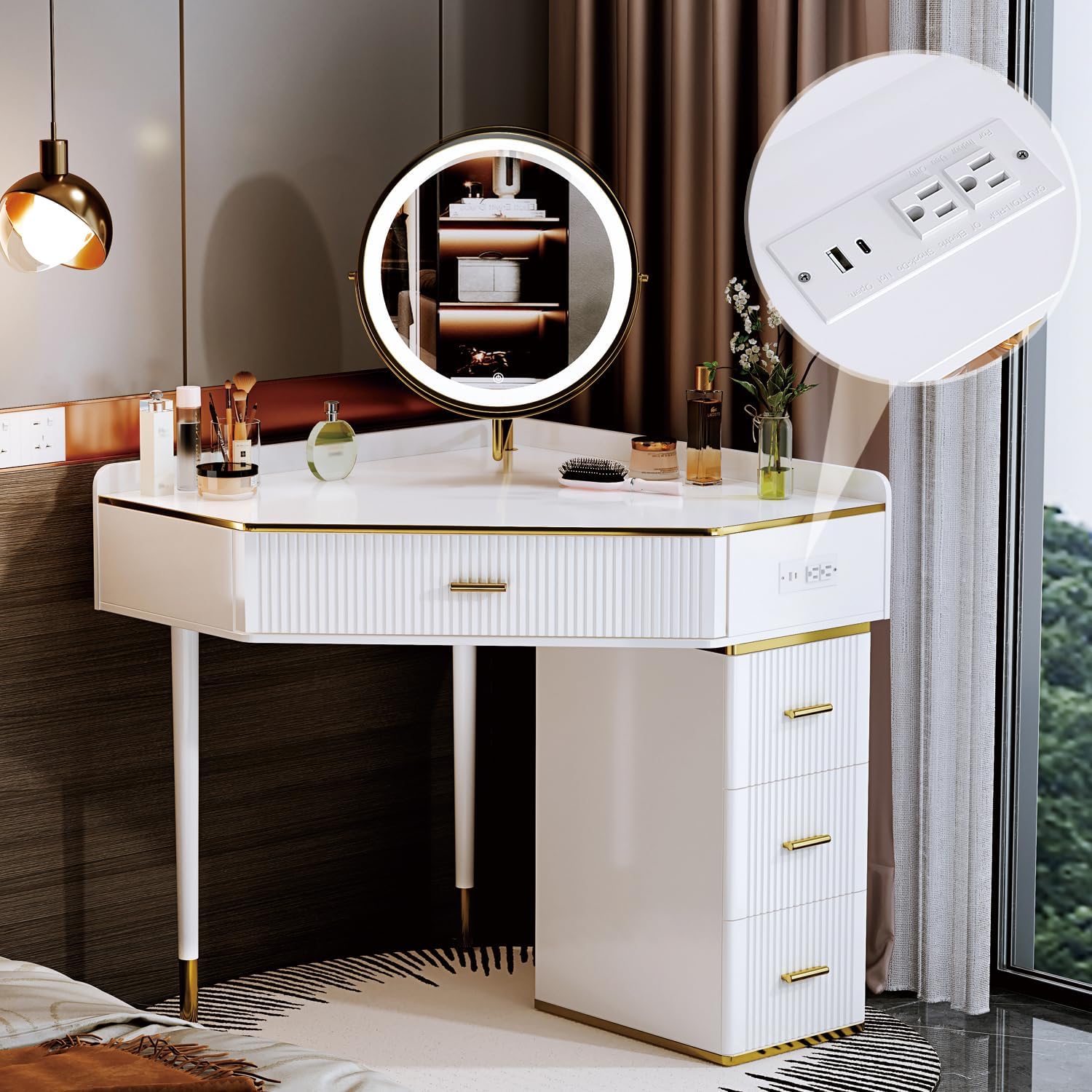 Makeup Vanity Desk with Mirror and Lights, Modern White Corner Vanity Desk, Large Size Corner Vanity Desk, Vanity Table with 4 Drawers, With Power Strip and Nightstand,Writing Desk, White Vanity