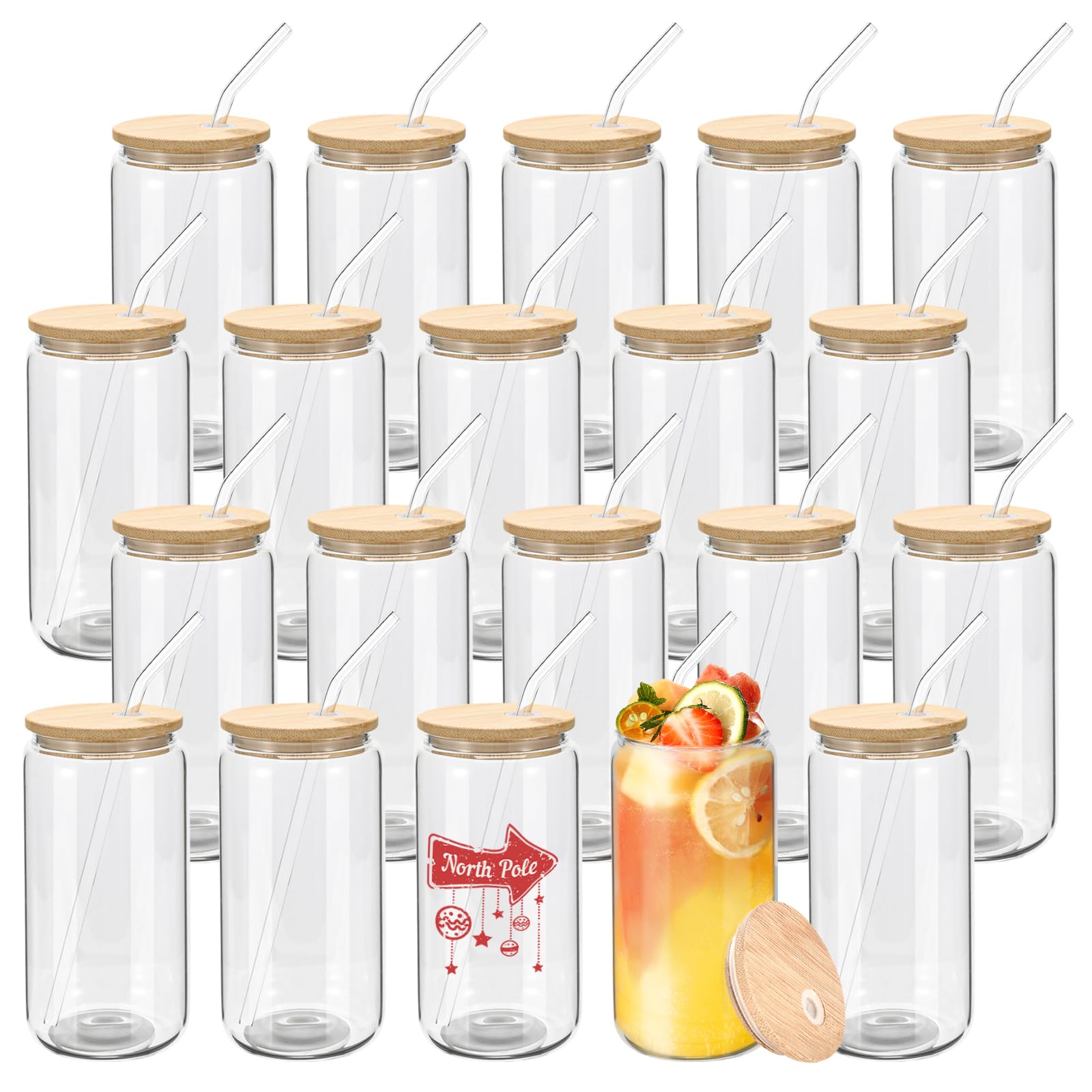 WHEATHUSK 20 Pack Glass Cups with Bamboo Lids and Glass Straws 16oz Clear Glass Tumblers Beer Can Shaped Drinking Glasses Iced Coffee Cups, Cute Tea Cups for Whiskey, Soda, Cocktail, Gift