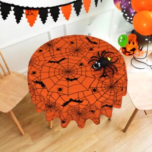 SuQKXCo Halloween Tablecloth Spider Web Orange Round Tablecloth 60 inch Table Cloths Cover Mat Spill Proof Table Covers for Kitchen Party Dinner Tabletop Decoration