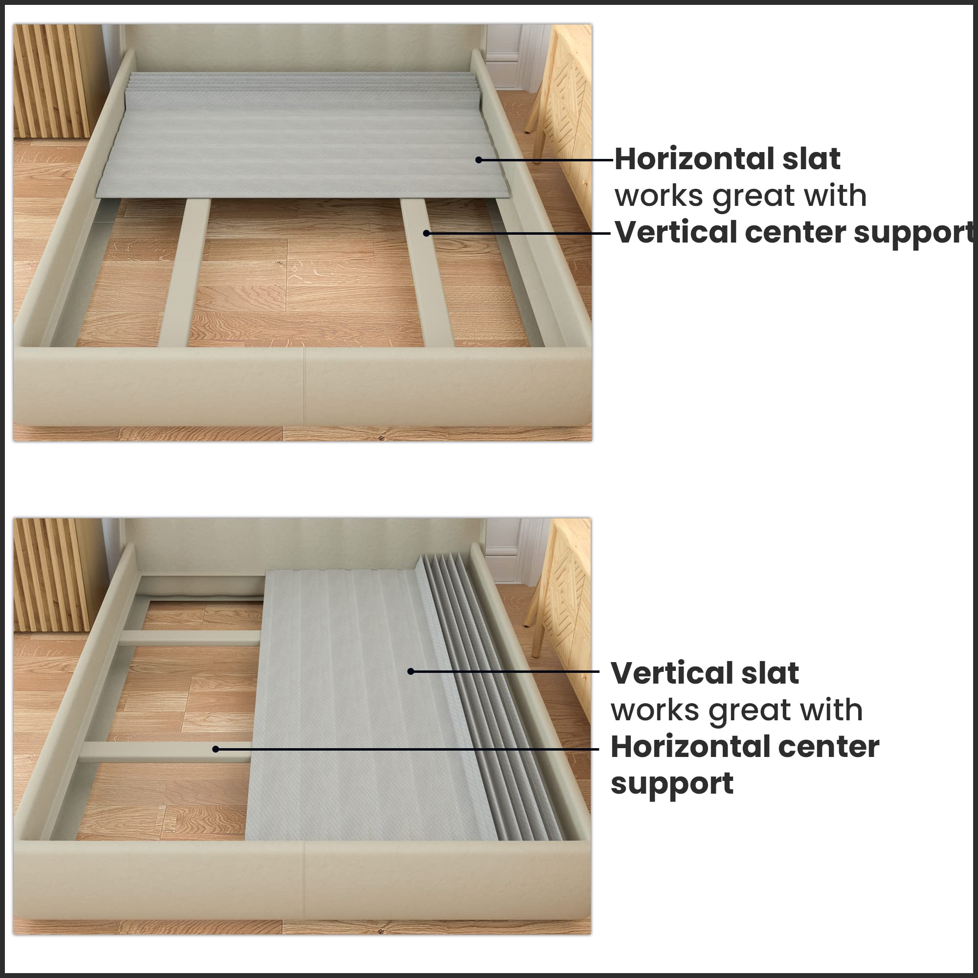 Continental Sleep, 0.75-Inch Vertical Wooden Bunkie Board/Bed Slats with Cover, Enhance Mattress Support, Full(53"), Grey