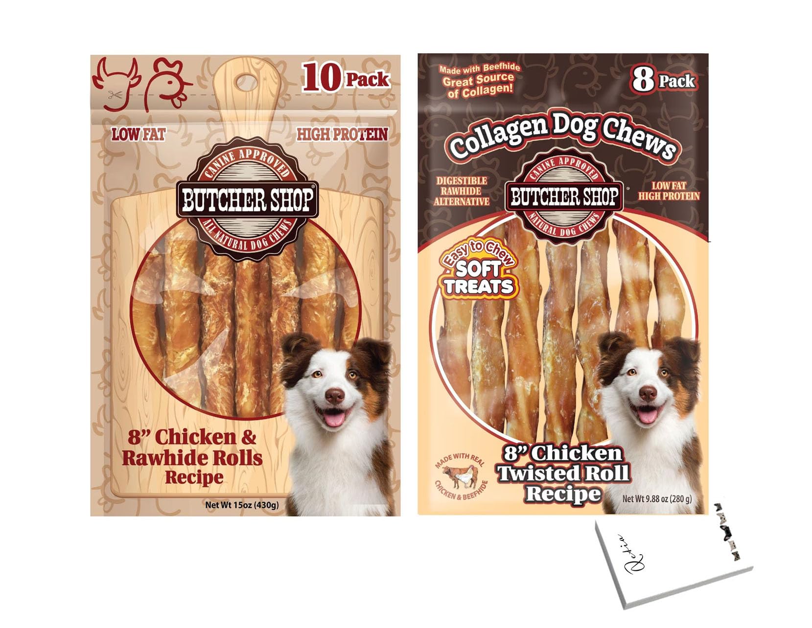 Butcher Shop Dot Treats Variety Pack of - Butcher Shop Collagen 8-in Chicken Twisted Roll Recipe Dog Jerky Treat, 9.88-oz Bag and Butcher Shop 8-in Chicken & Rawhide Rolls Recipe Dog Treat, 10-oz Bag