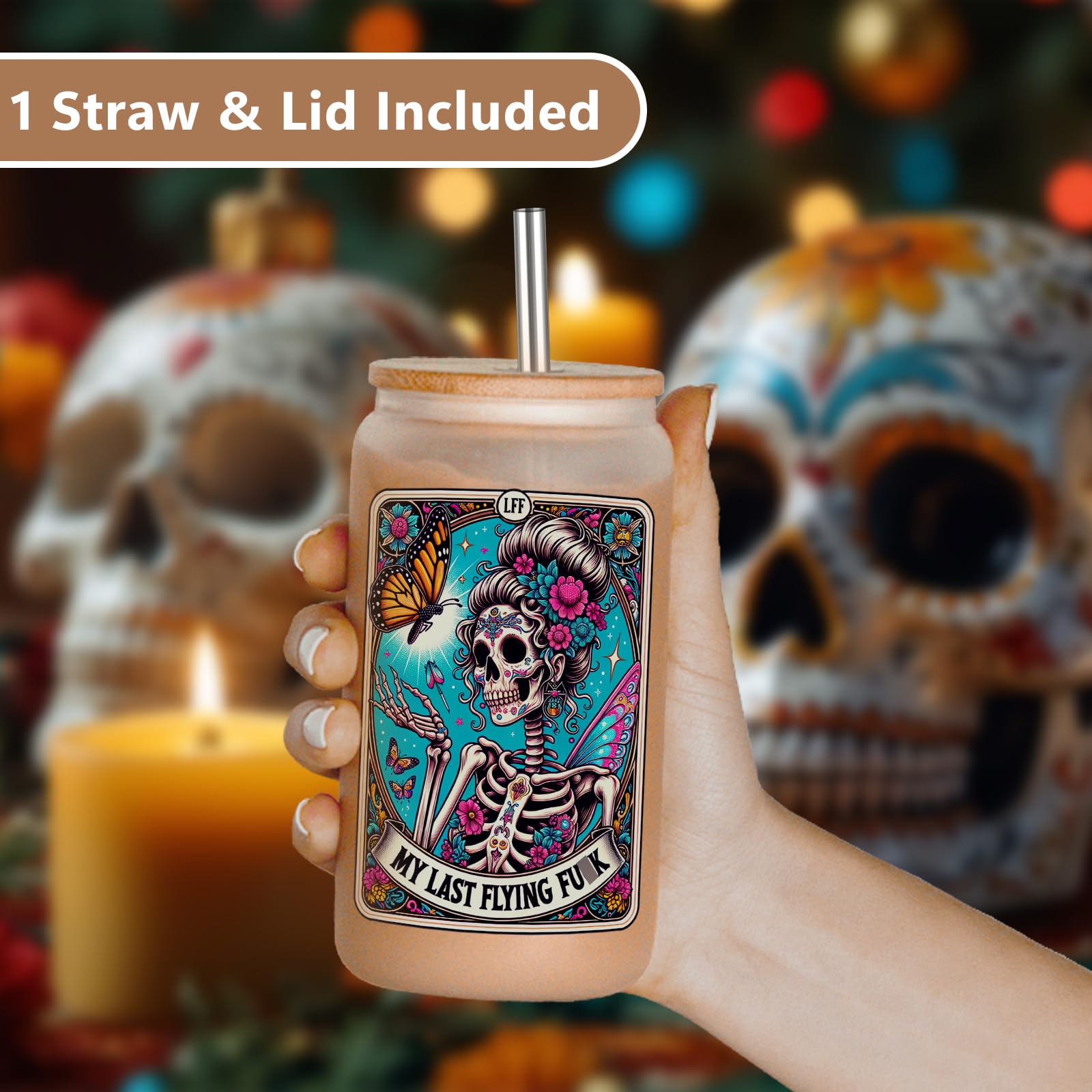 LEADO Tarot Card Funny Skull Cup, Halloween Cup Coffee Tumbler, 16 oz Cute Frosted Glass Cups with Lids Straws - Witchy Gifts for Women, Halloween Gifts, Christmas Gifts for Friend Mom Sister