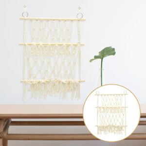 Toyvian Double Layer Hammock for Plush Toy, Macrame Net Tapestry Storage Rack Bookshelf Hammock Decorative Wall Hanging Stuffed Animal Hammock, White Household Wooden Stick Storage Net Bag