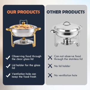 Gold Chafing Dish Buffet Set 5QT 4Packs, Stainless Steel Round Chafers with Glass Viewing Lid & Lid Holder, Buffet Servers and Warmers Set for Dinner, Parties, Wedding, Camping