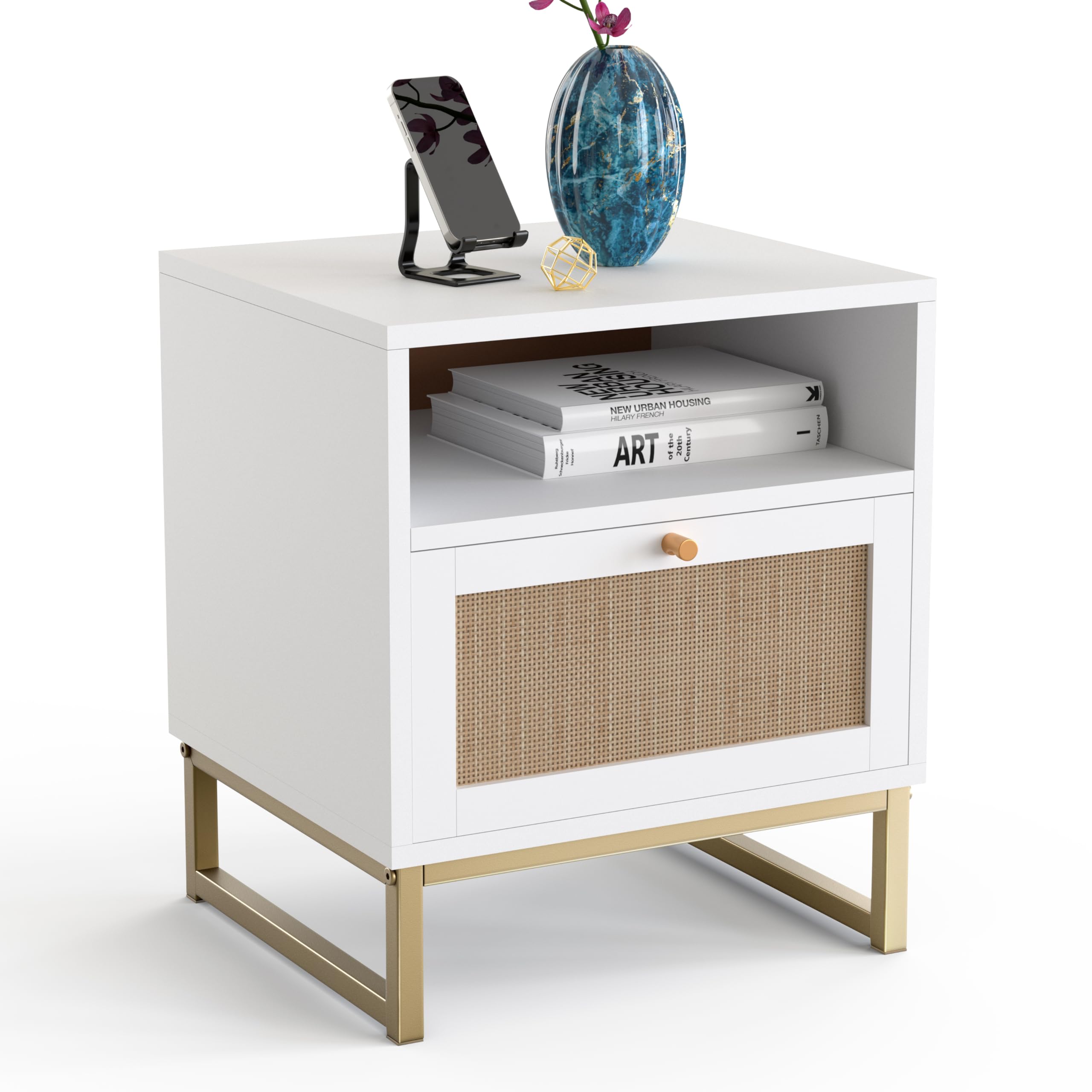 Our Modern Space Large Modern Rattan Nightstand | Boho Wood Accent Table with Storage Cabinet | Natural Light Wooden End Table - White