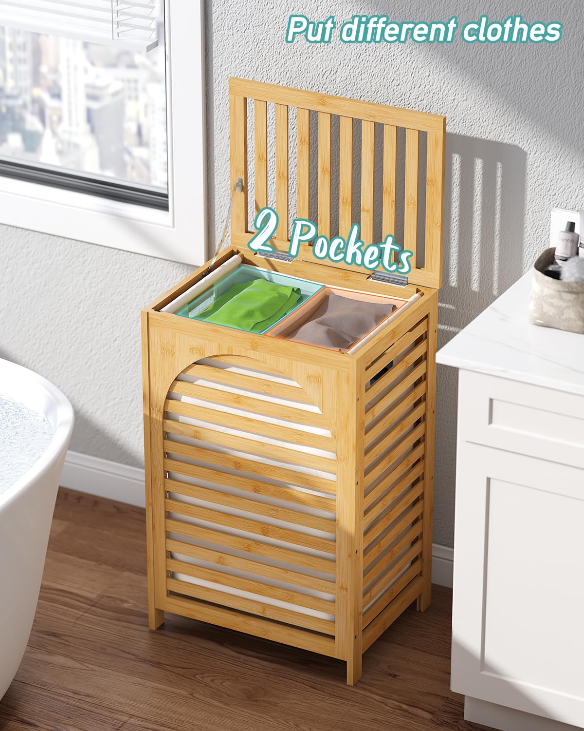 Laundry Hamper, 22.5 Gallon (85L) Bamboo Wood Clothes Laundry Basket with Lid and Handles, Removable Liner (Natural)