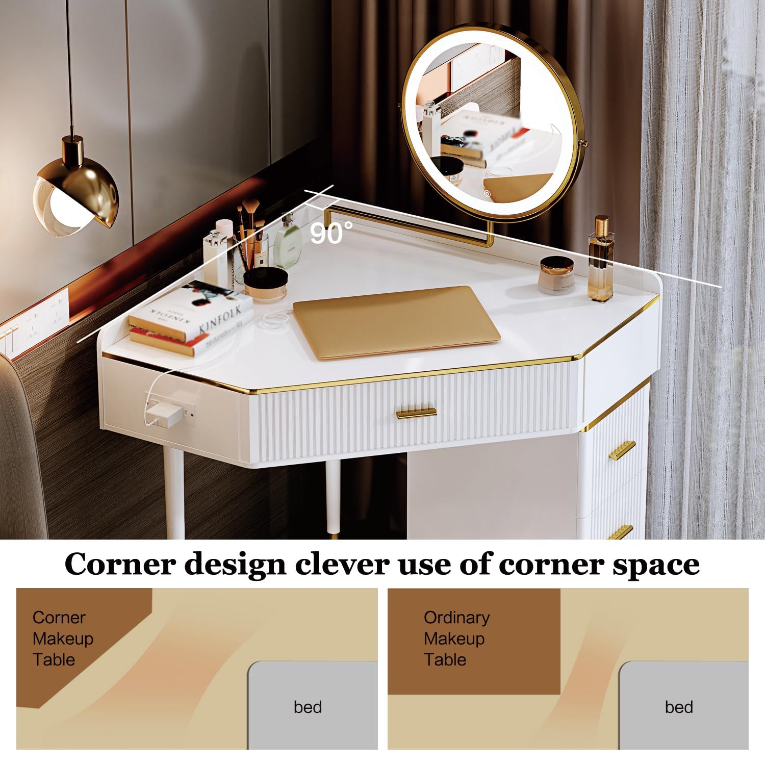 Makeup Vanity Desk with Mirror and Lights, Modern White Corner Vanity Desk, Large Size Corner Vanity Desk, Vanity Table with 4 Drawers, With Power Strip and Nightstand,Writing Desk, White Vanity