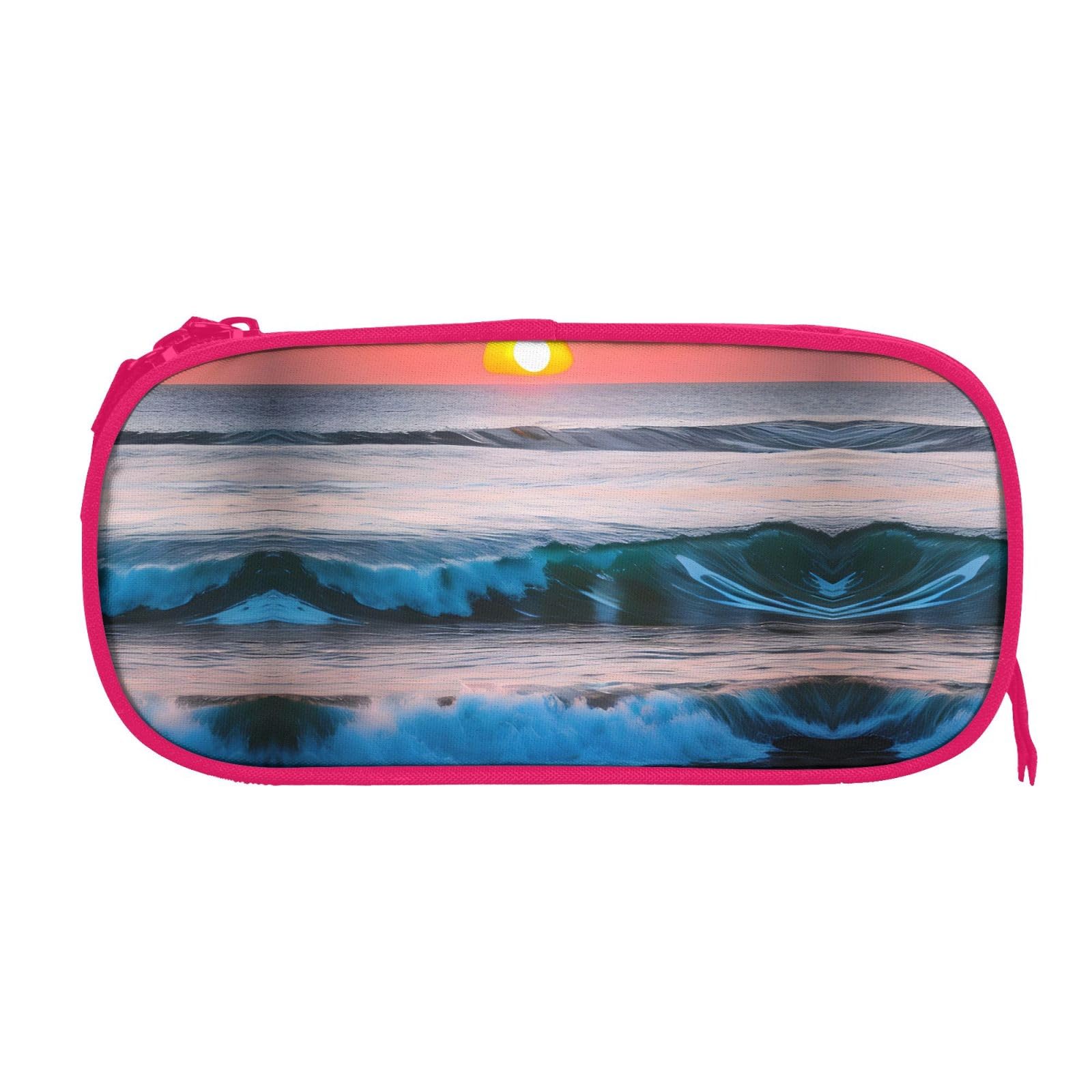 ZEEHXQ Sunset And Sunrise With Ocean Sea Waves Print Large Pencil Case Pouch With Zipper,Adults Office Stationery Travel Makeup Bag, Pink, RXZER23