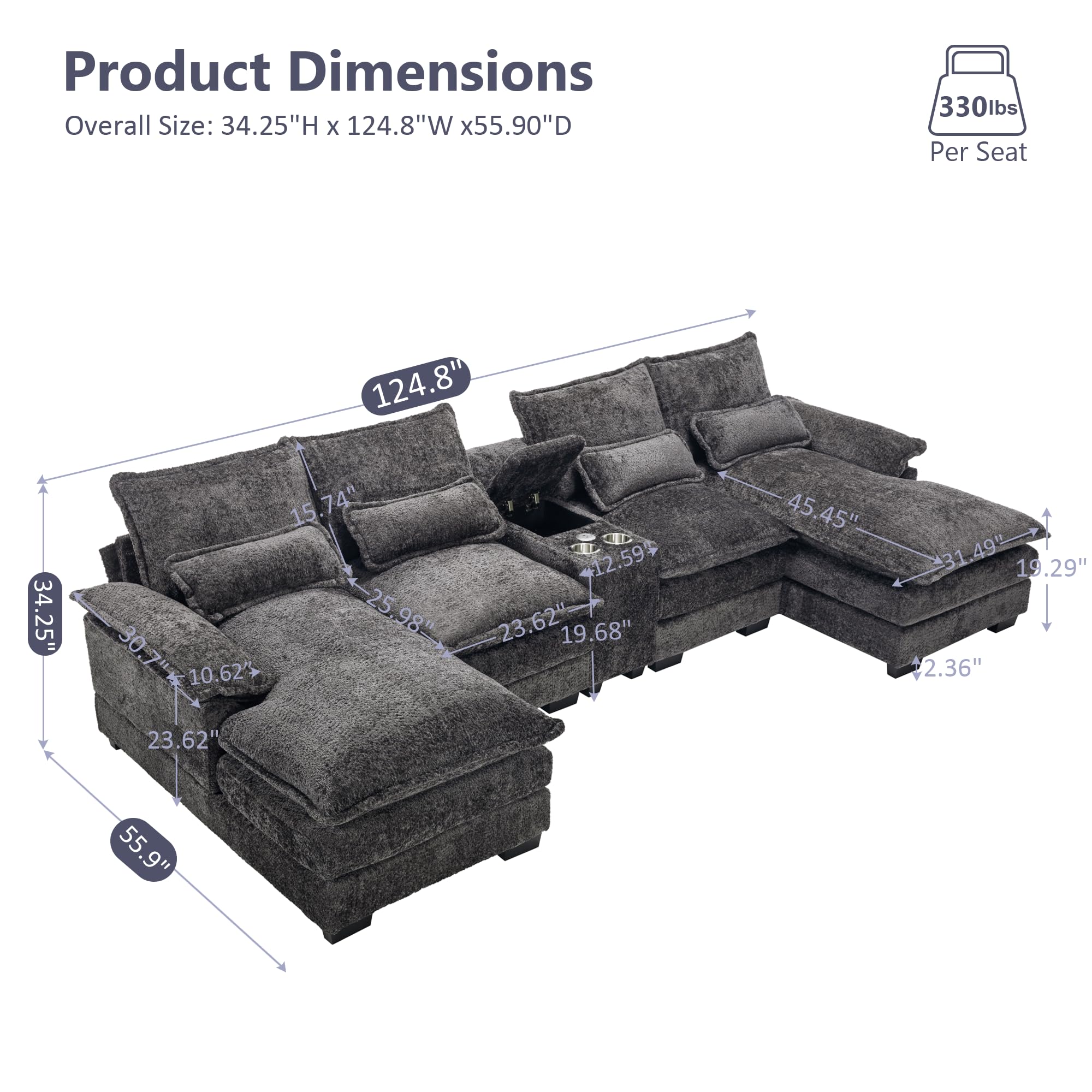 Suheww U Shaped Modular Sectional Sofa, 124.8" Cloud Couch for Living Room, Grey Fluffy Chenille Couch with Console Cupholders and USB Port Comfy Sofas for Apartment Studio Office