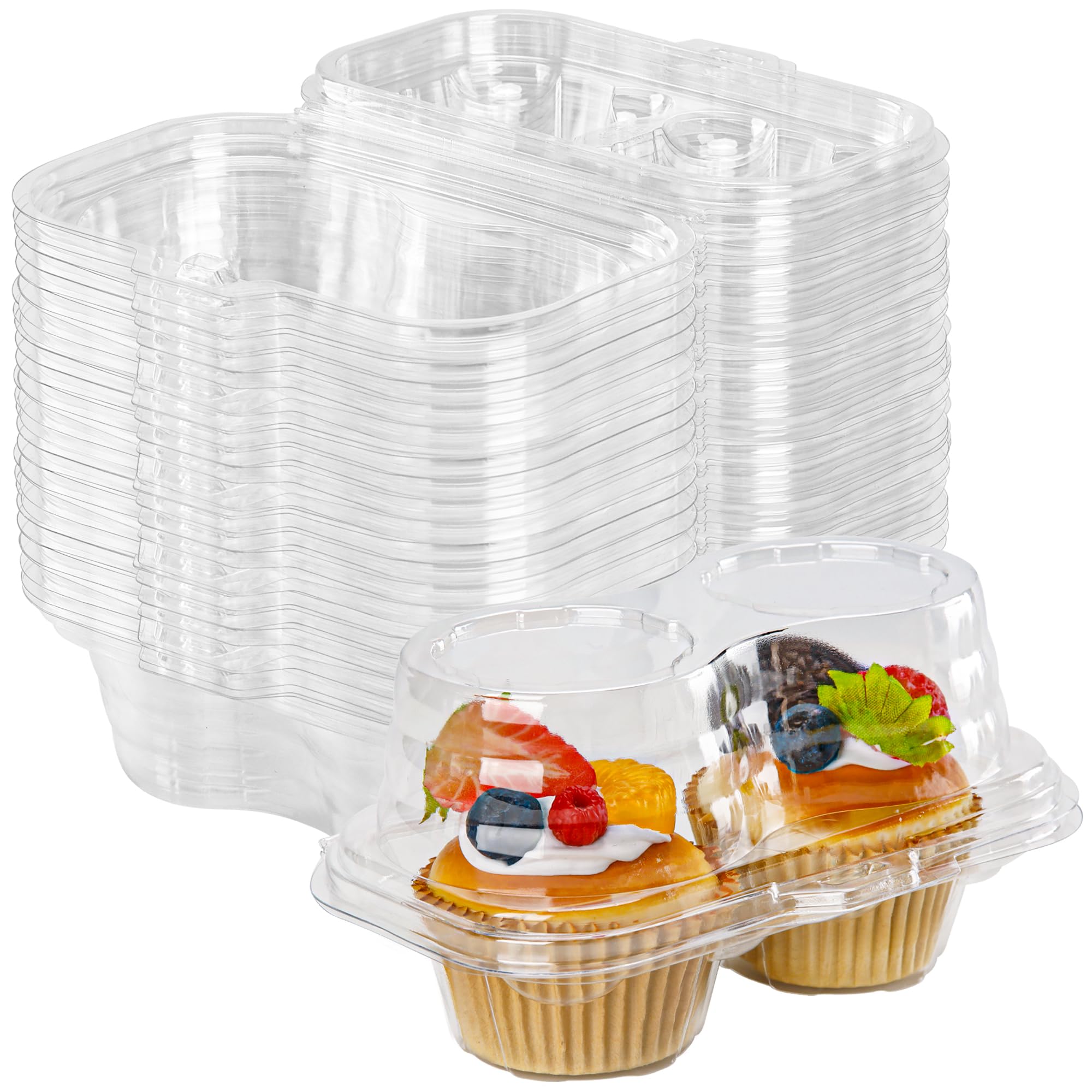 NPLUX 2 Count Cupcake Containers 50 Pack Cupcake Holders with Detachable Tall Dome Lids Clear Plastic Stackable Cupcake Boxes for 100 Cupcakes, BPA Free, Standard Size