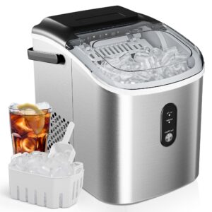 euhomy ice maker countertop, portable ice machine with carry handle, 26.5lbs per day, 9 cubes in 6 mins, auto-cleaning, with basket and scoop, for home, kitchen, camping, rv (silver)