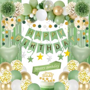 torerun upgraded sage green birthday party decorations olive green and gold balloons with happy birthday banner sash,cake topper,fringe curtain,star hanging swirls for women or girls