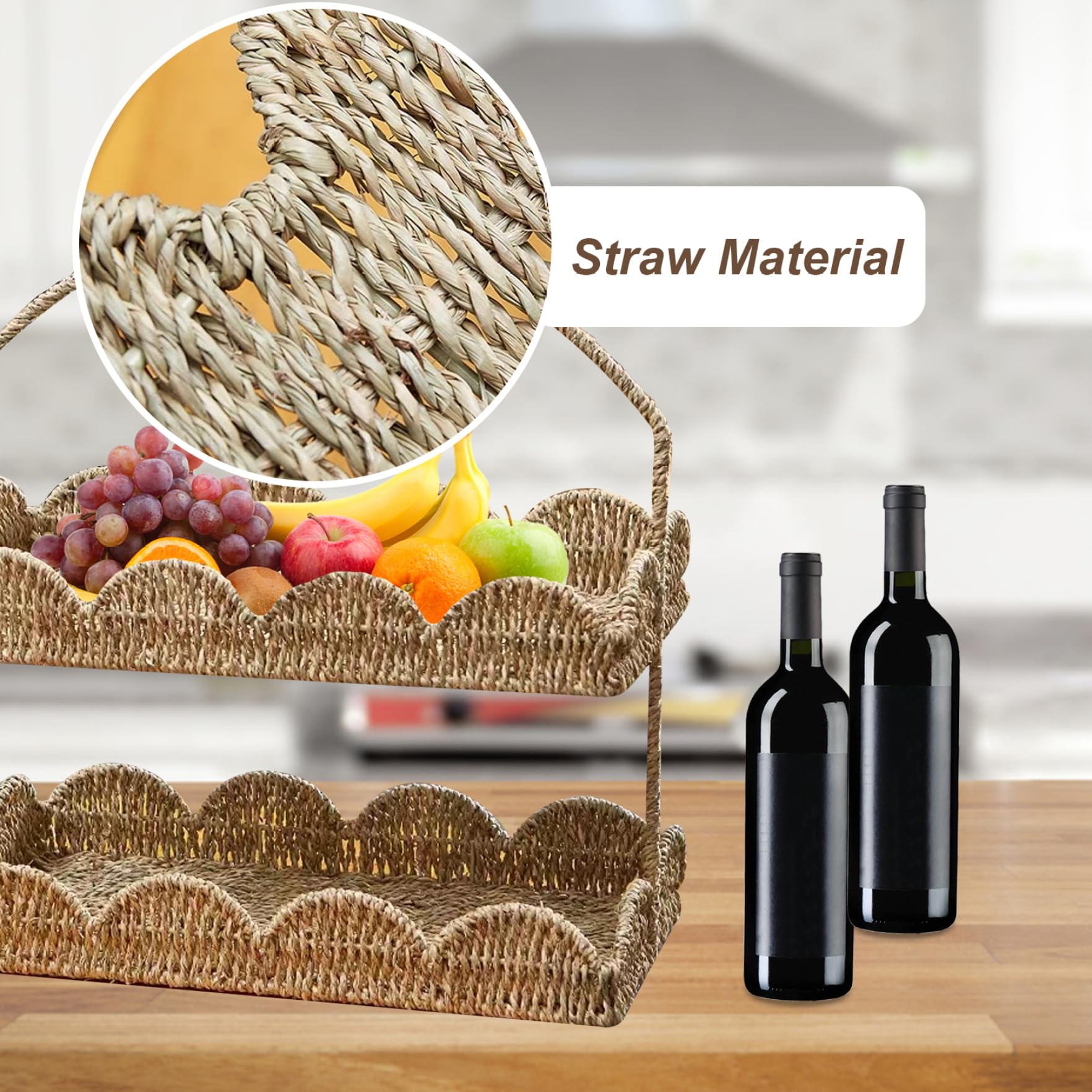 Peosaard Seagrass Baskets 2 Layers Scalloped Basket Tray with Handle Rustic Decorative Woven Basket with Scalloped Edge Coffee Table Basket Organizer 15.6x7.9x9.8 Inch, Seagrass Storage Baskets