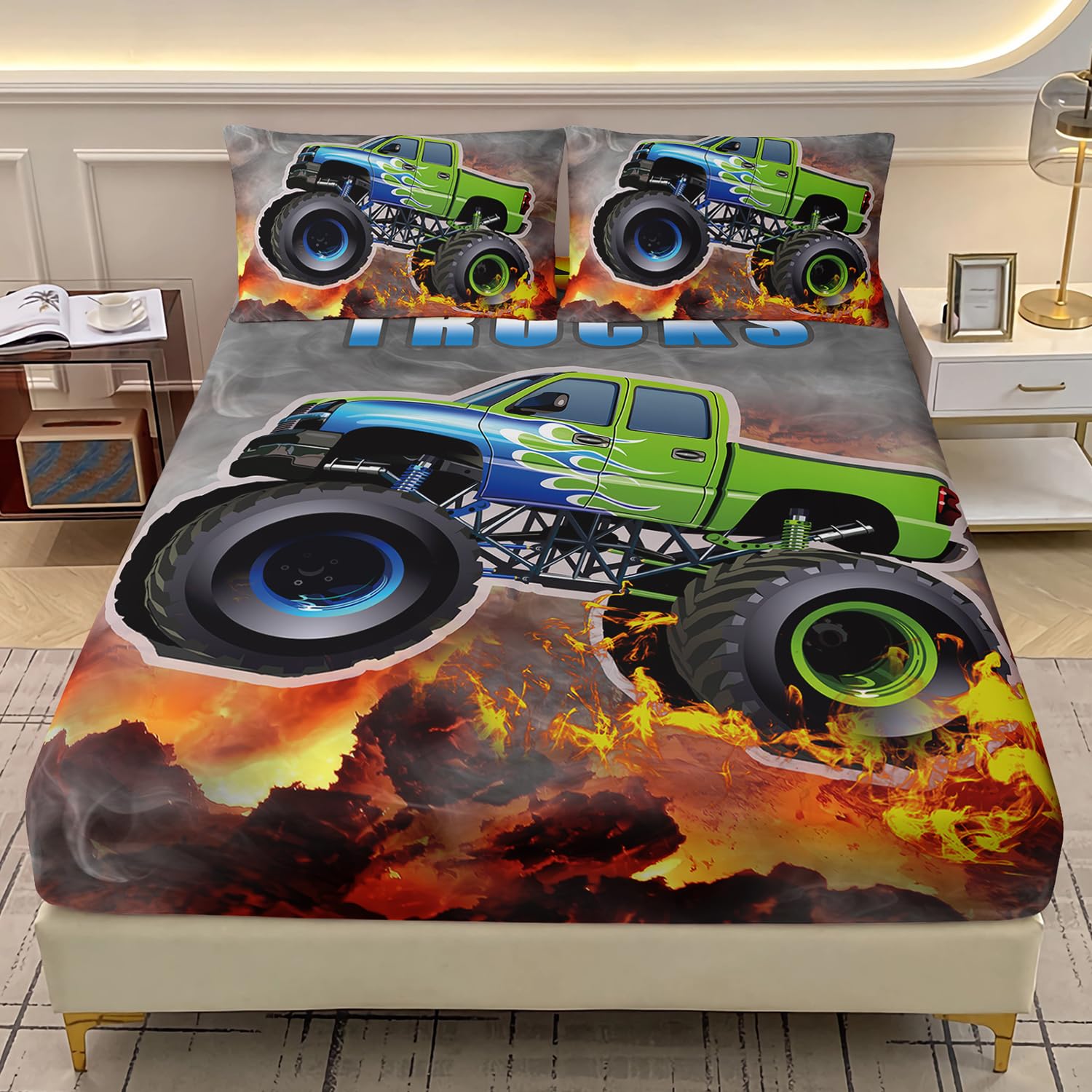 AILONEN Cartoon Green Trucks Fitted Sheet Set Twin Size, Monster Trucks Bedding Set for Kids Boys,Extreme Sports Trucks Bed Sheet Set,3 Pieces,1 Fitted Sheet and 2 Pillowcases